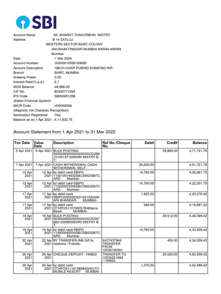 Sbi20 21statement | PDF | Personal Identification Number | Banking