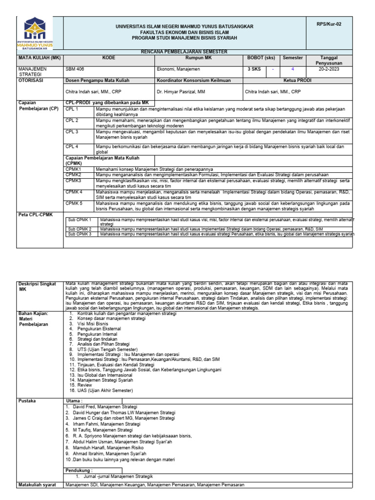 Rps Manajemen Strategi Obe | PDF