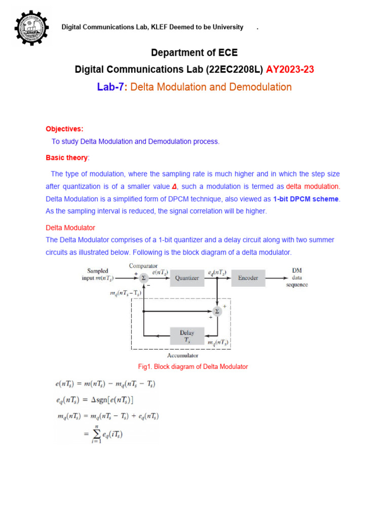 Delta Modulation Lab Guide for ECE | PDF | Modulation | Sampling (Signal Processing)
