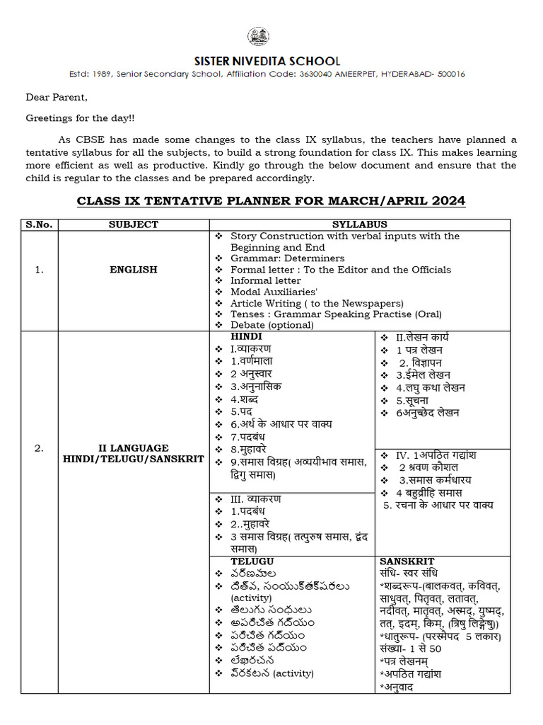 TENTATIVE PLANNER CLASS IX (1) | PDF