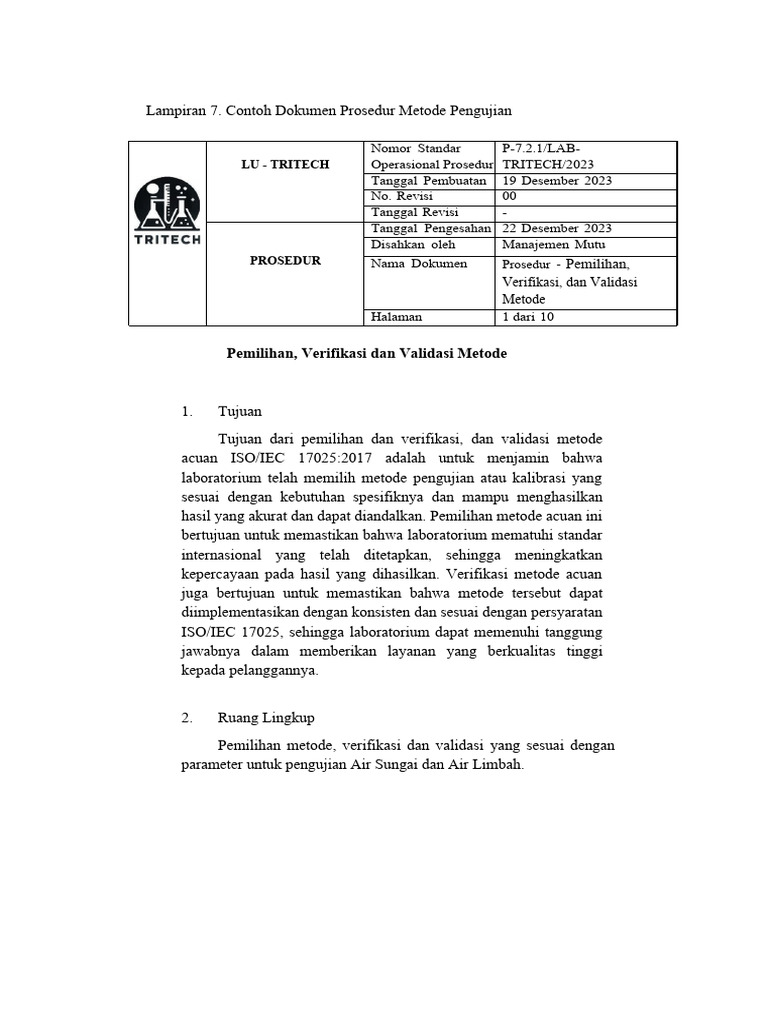Lampiran 7. Contoh Dokumen Prosedur Metode Pengujian (Klausul 7) | PDF