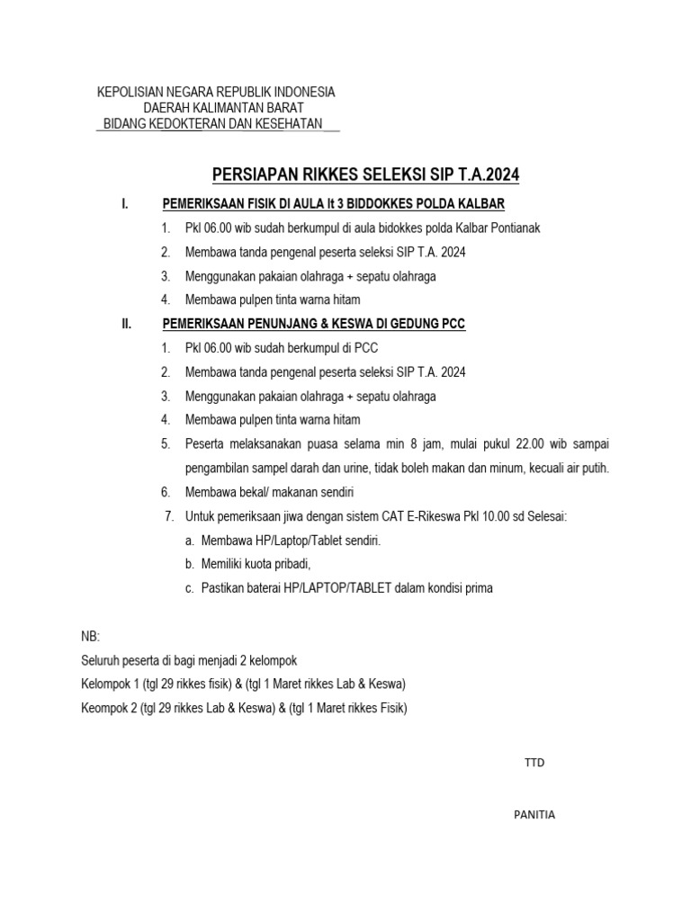 Persiapan Rikkes Sip T.A 2024 | PDF