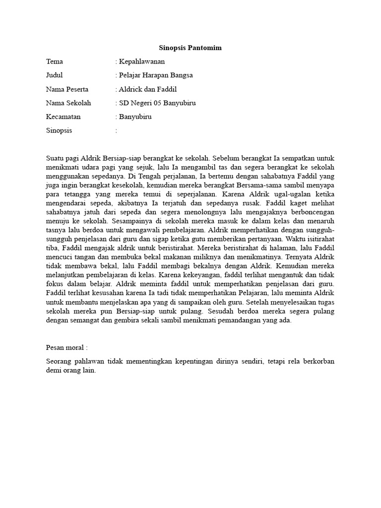 Sinopsis Pantomim: Pelajar Harapan Bangsa | PDF
