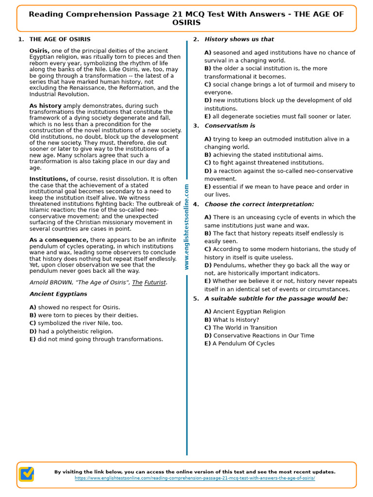 591 - Reading Comprehension Passage 21 MCQ Test With Answers The Age of ...