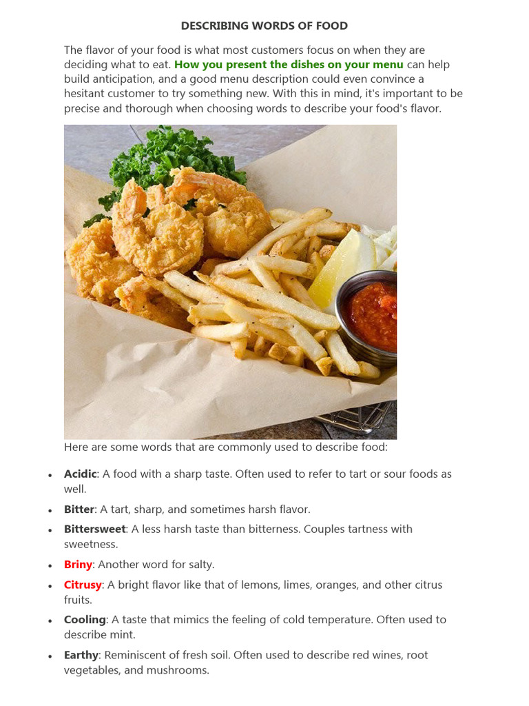 Describing Words of Food | PDF | Taste | Grilling