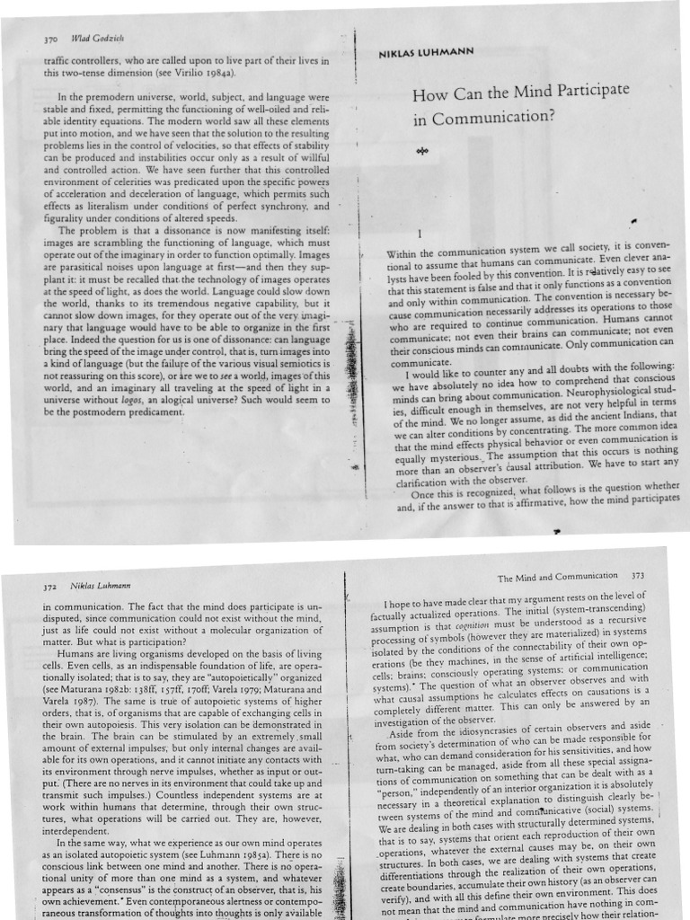 LUHMANN - How Can The Mind Participate in Communication | PDF | Philosophy
