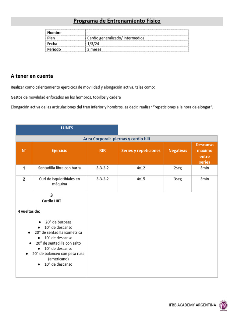 Programa de Entrenamiento - Docx - IfBB ACADEMY ARGENTINA | PDF