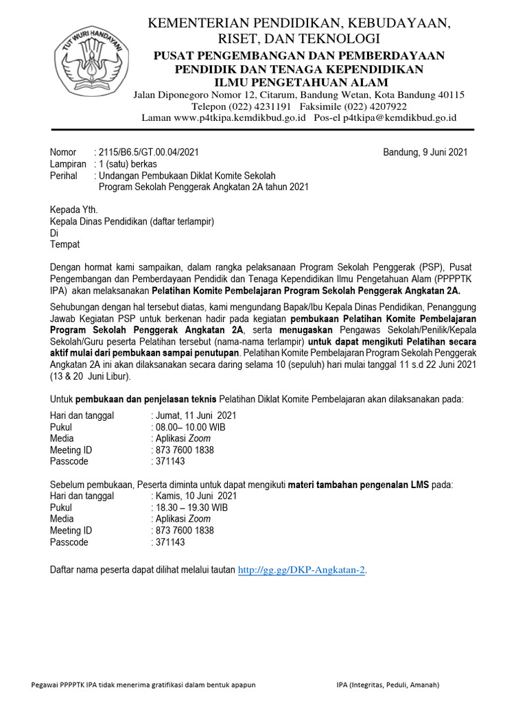 Surat Pembukaan DKP Angk 2A - Dinas Pendidikan (SLB, BK, KS, PS) | PDF