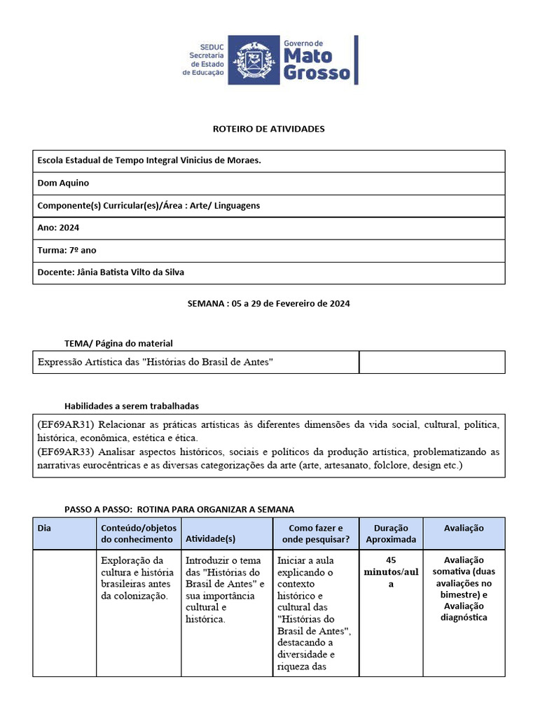 Roteiro de Atividades 7 Ano Arte | PDF