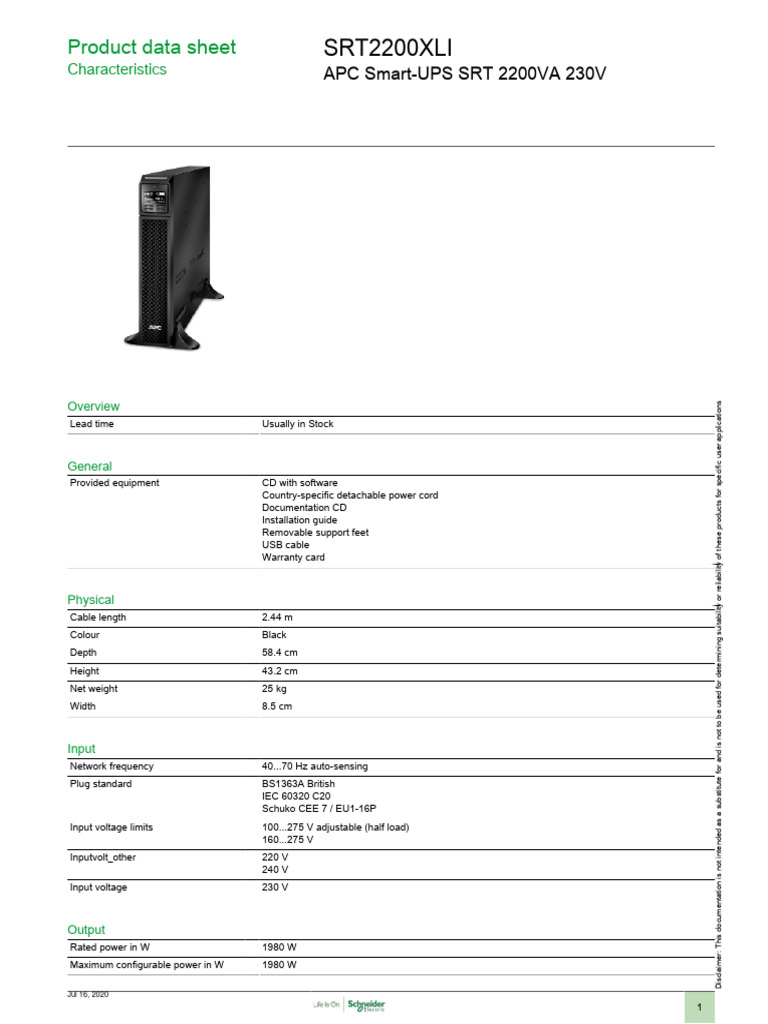 SRT2200XLI: Product Data Sheet | PDF | Ac Power Plugs And Sockets ...
