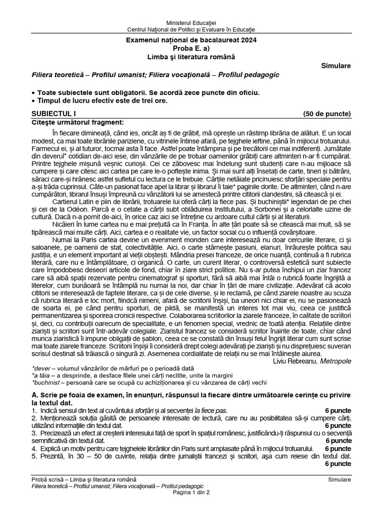 E A Romana Uman Ped 2024 Var Simulare | PDF