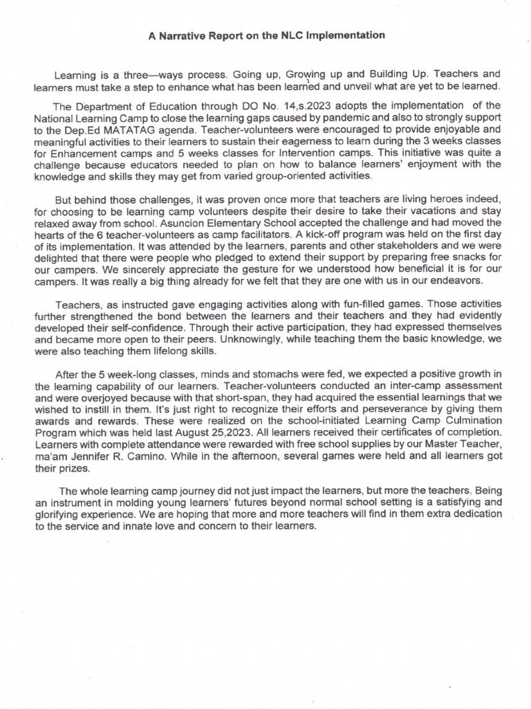 A Narrative Report On The NLC Implementation | PDF