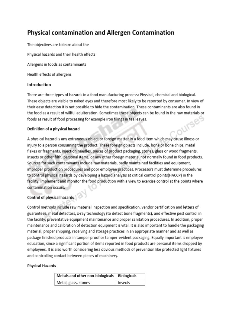 Physical Contamination and Allergen Contamination | PDF