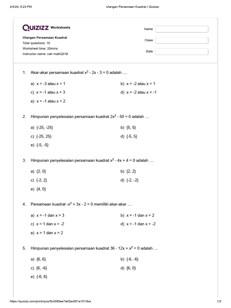 Latihan Soal Persamaan Kuadrat 1 | PDF | Metode & Bahan Ajar