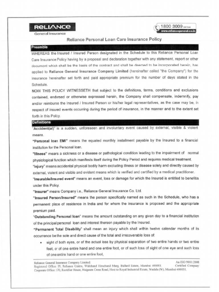 Reliance Personal Loan Care Insurance Policy - 2013-2014 | PDF ...