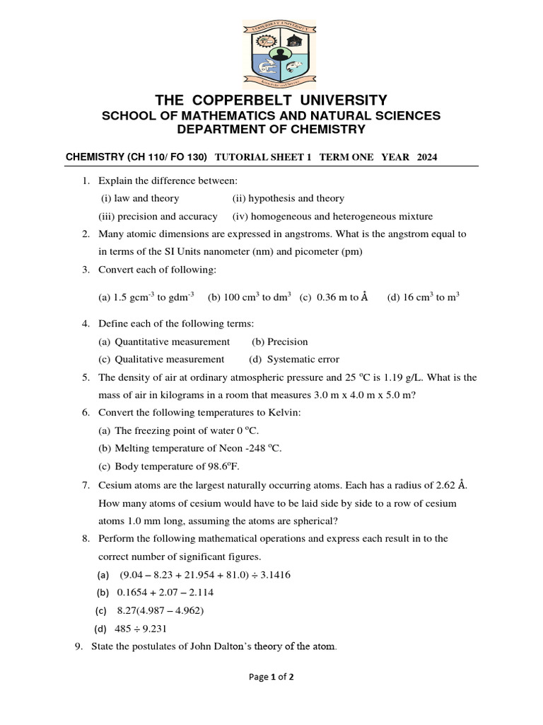 CH 110. Tutorial sheet 1-2024 (Introduction to Chem). FM 2024. | PDF
