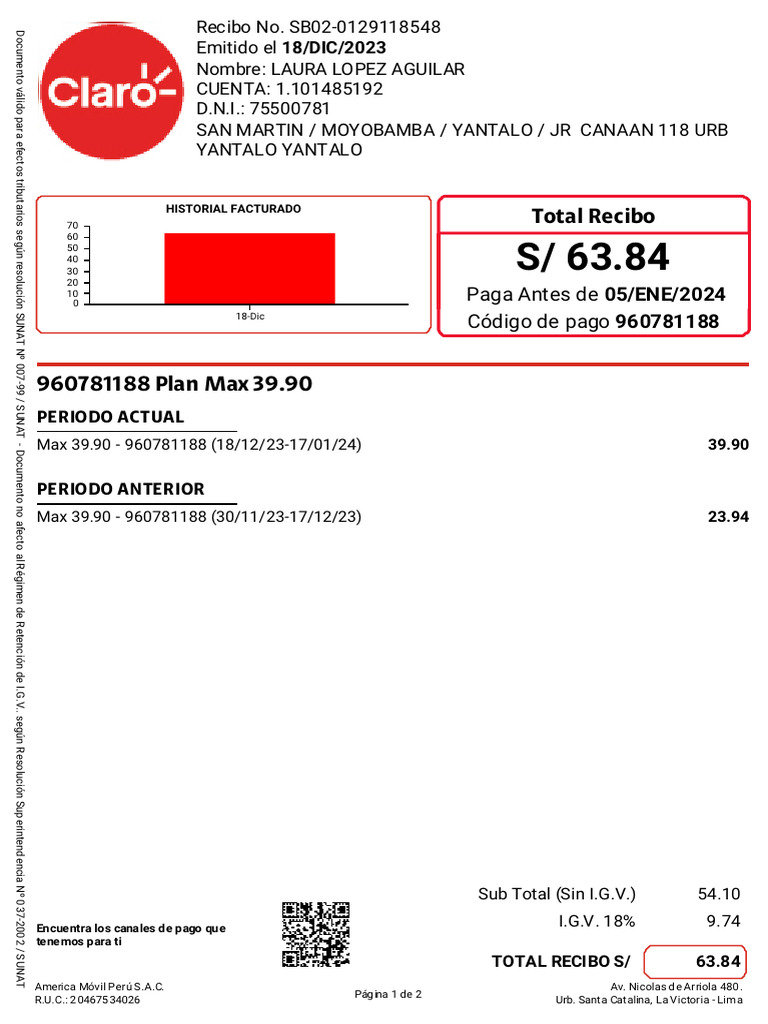 Recibo de Pago Claro - Diciembre 2023 | PDF