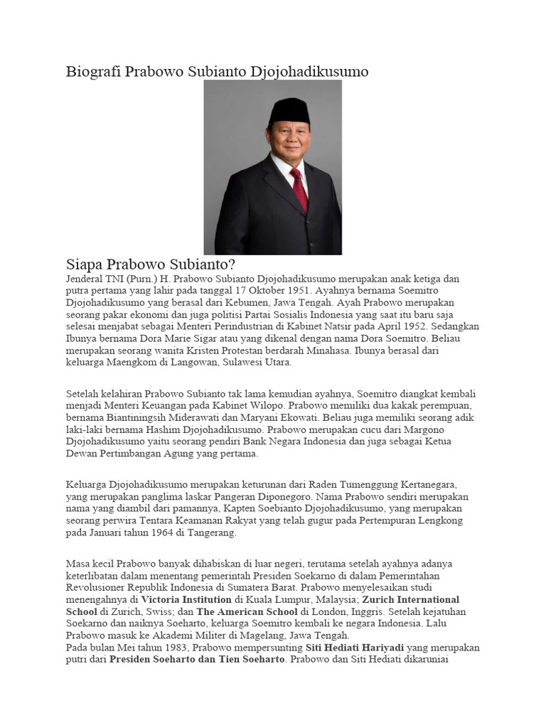 Biografi Prabowo Subianto Djojohadikusumo | PDF