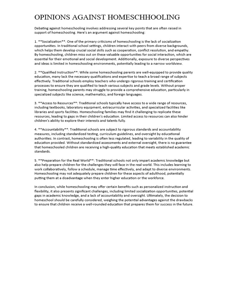 Debating Against Homeschooling Involves Addressing | PDF | Wellness