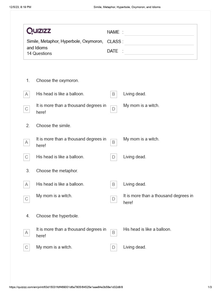 Quizizz - Simile, Metaphor, Hyperbole, Oxymoron, and Idioms | PDF ...