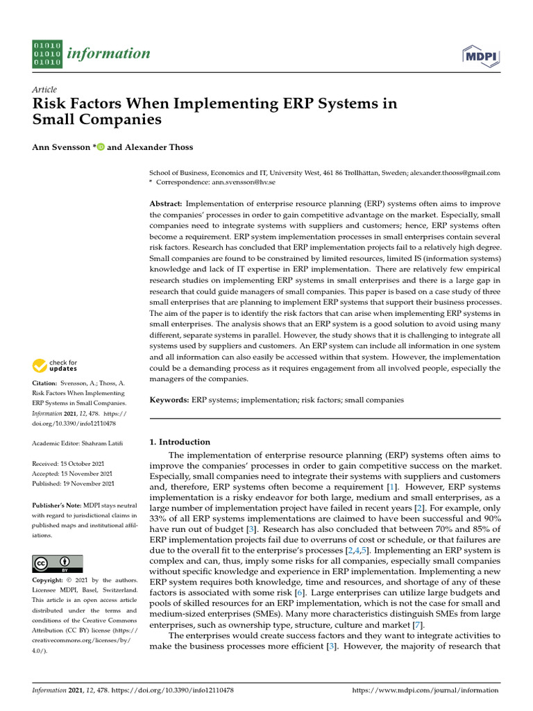 Risk Factors When Implementing ERP Systems in Small Companies ...