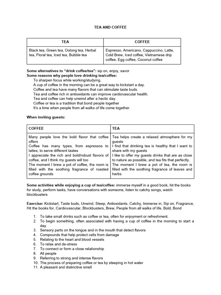 (Vocabulary) Tea and Coffee | PDF | Coffee | Tea