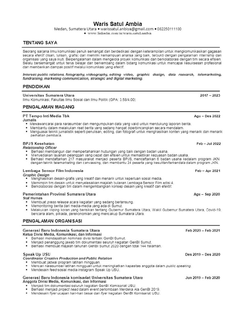 CV Lengkap Waris Satul Ambia | PDF