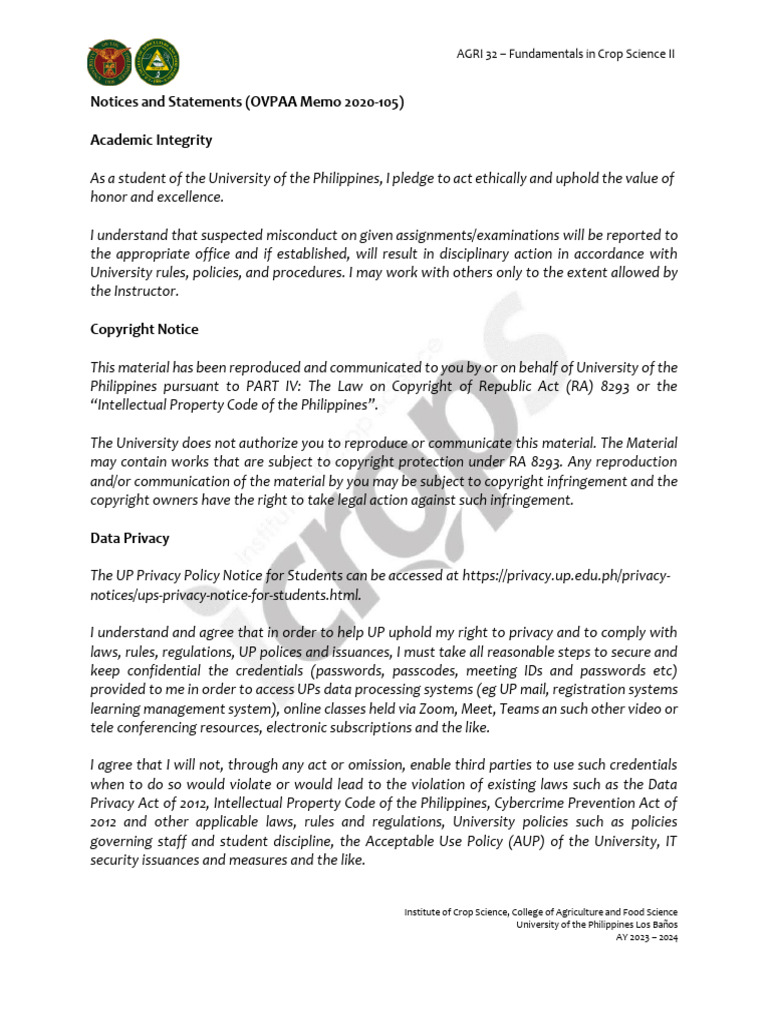 Agri 32 Academic Integrity, Student Information and Honor Pledge | PDF ...