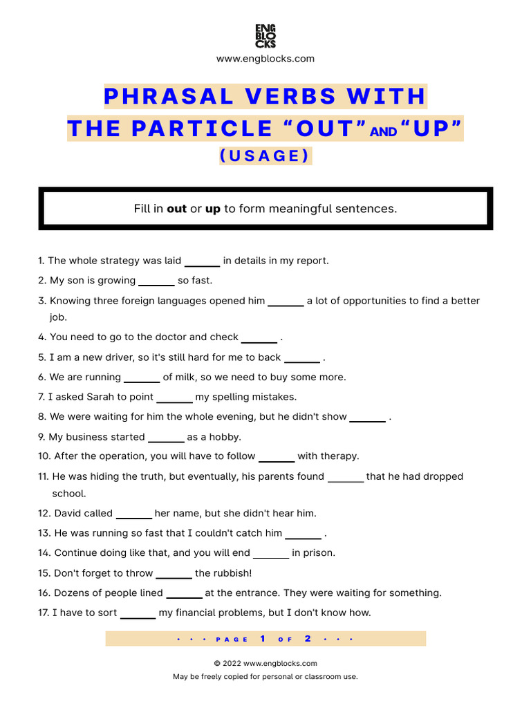 Phrasal Verbs With The Particle Out and Up Usage | PDF