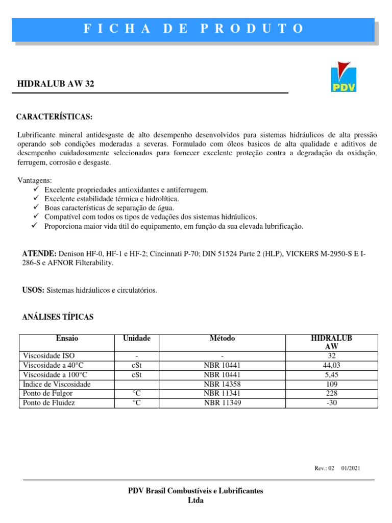 Ficha Tecnica - HIDRALUB AW 32 - PDV Brasil | PDF