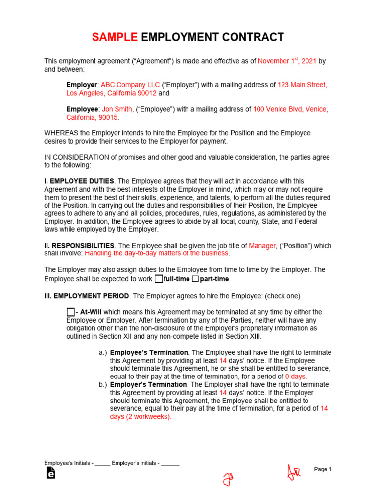 SAMPLE Employment Contract | PDF | Employment | Employee Benefits