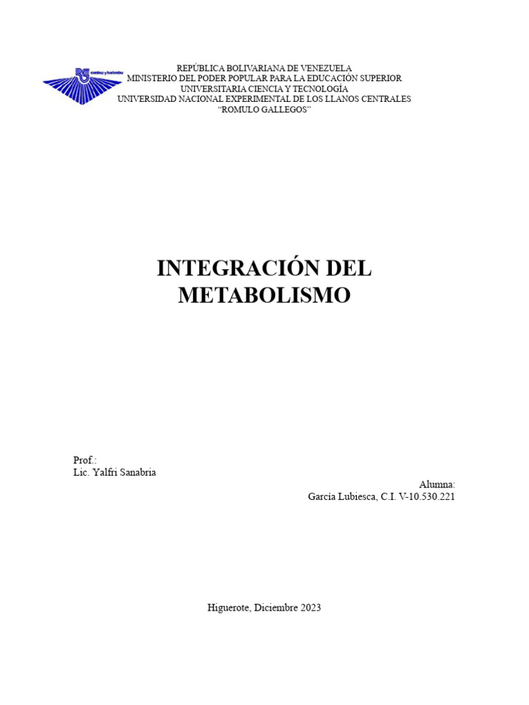 INTEGRACION DEL METABOLISMO | PDF | Metabolismo | Hormona