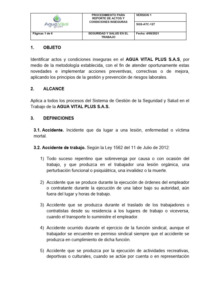 Procedimiento Reporte de Actos y Condiciones Inseguras | PDF | Causas ...