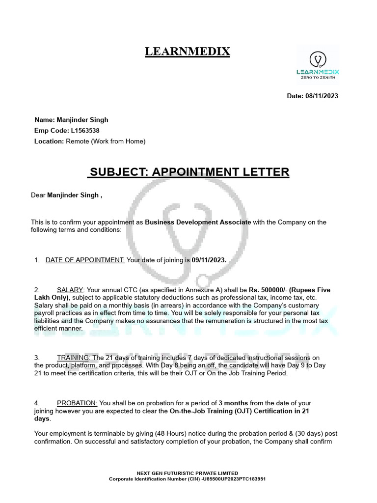 Learnmedix offer letter Manjinder Singh | PDF