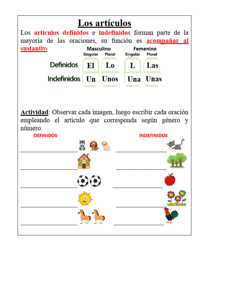Guía Artículos Definidos Indefinidos Cuarto Básico | PDF | Artes del ...