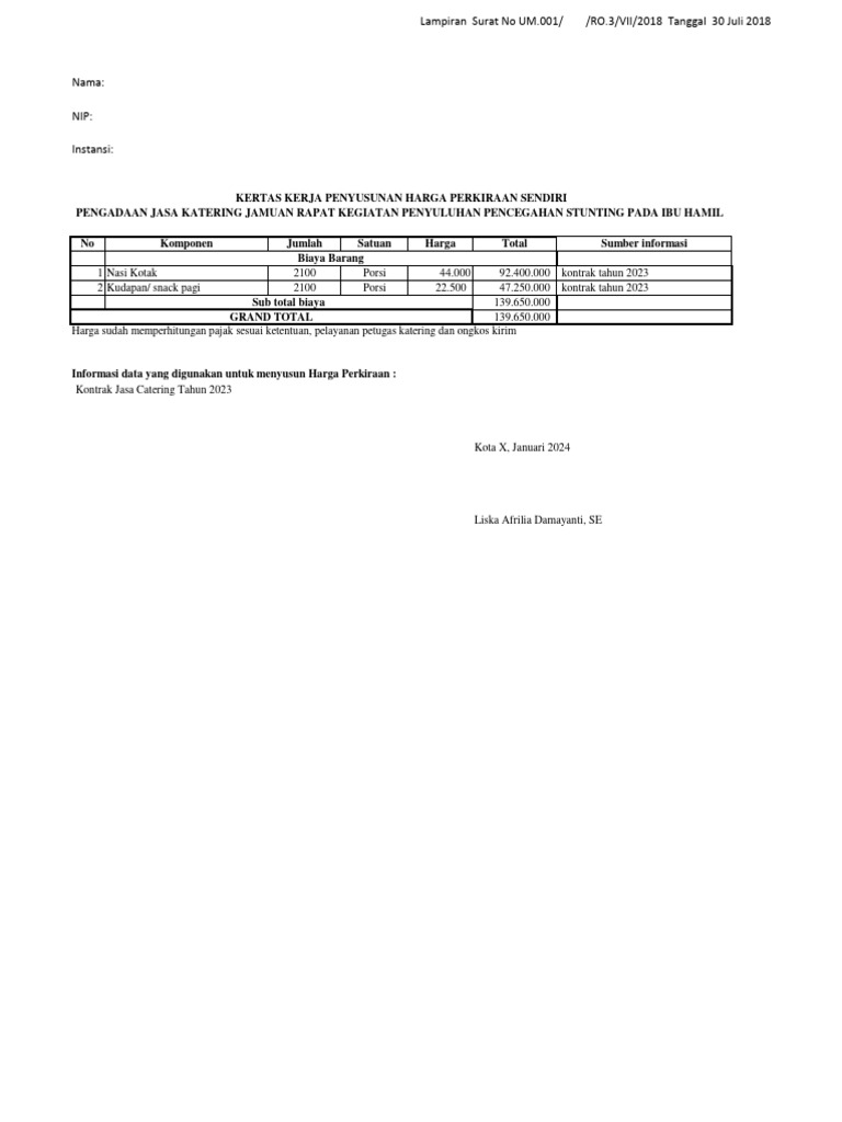 Form Harga Perkiraan Sendiri Jasa Katering | PDF