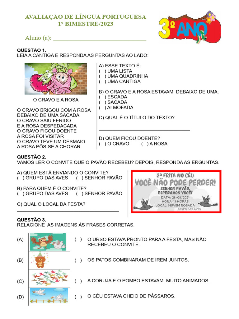 AVALIAÇÃO DE LÍNGUA PORTUGUESA - 3º ANO - 1º BIMESTRE 2023 | PDF