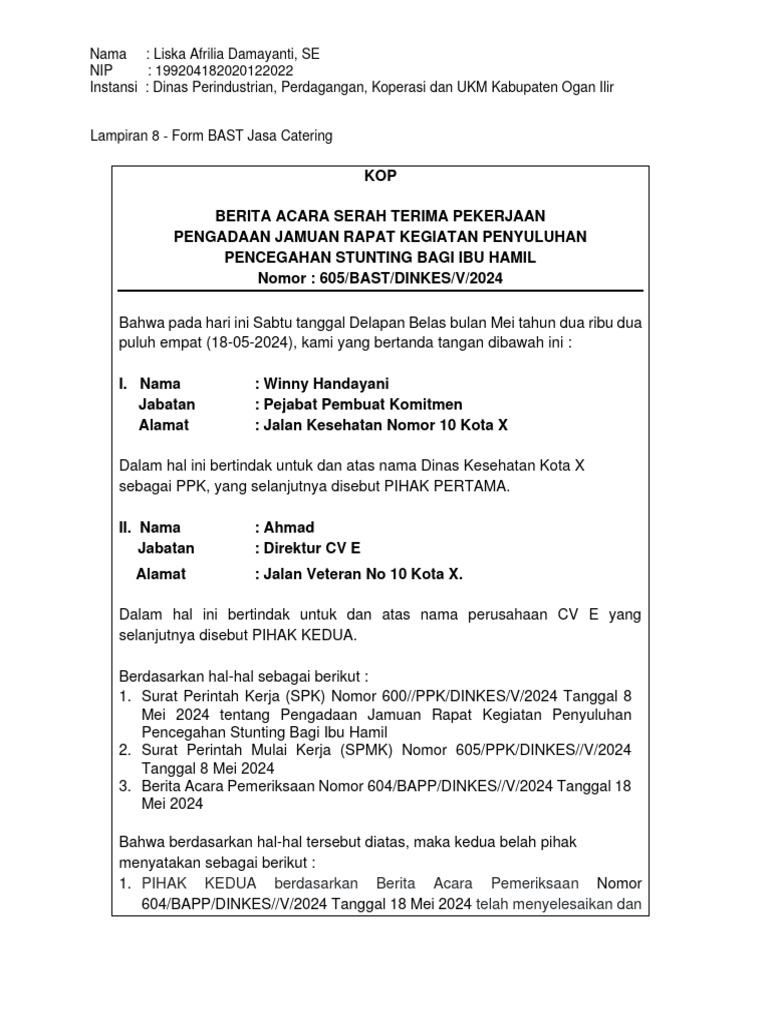 Form BAST Jasa Katering | PDF | Pengelolaan Keuangan & Uang | Hukum