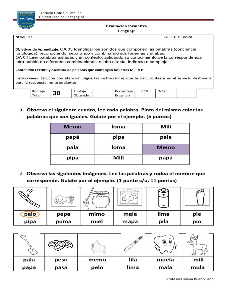 Evaluación Letra M L P Pdf Aprendizaje Ciencia Cognitiva