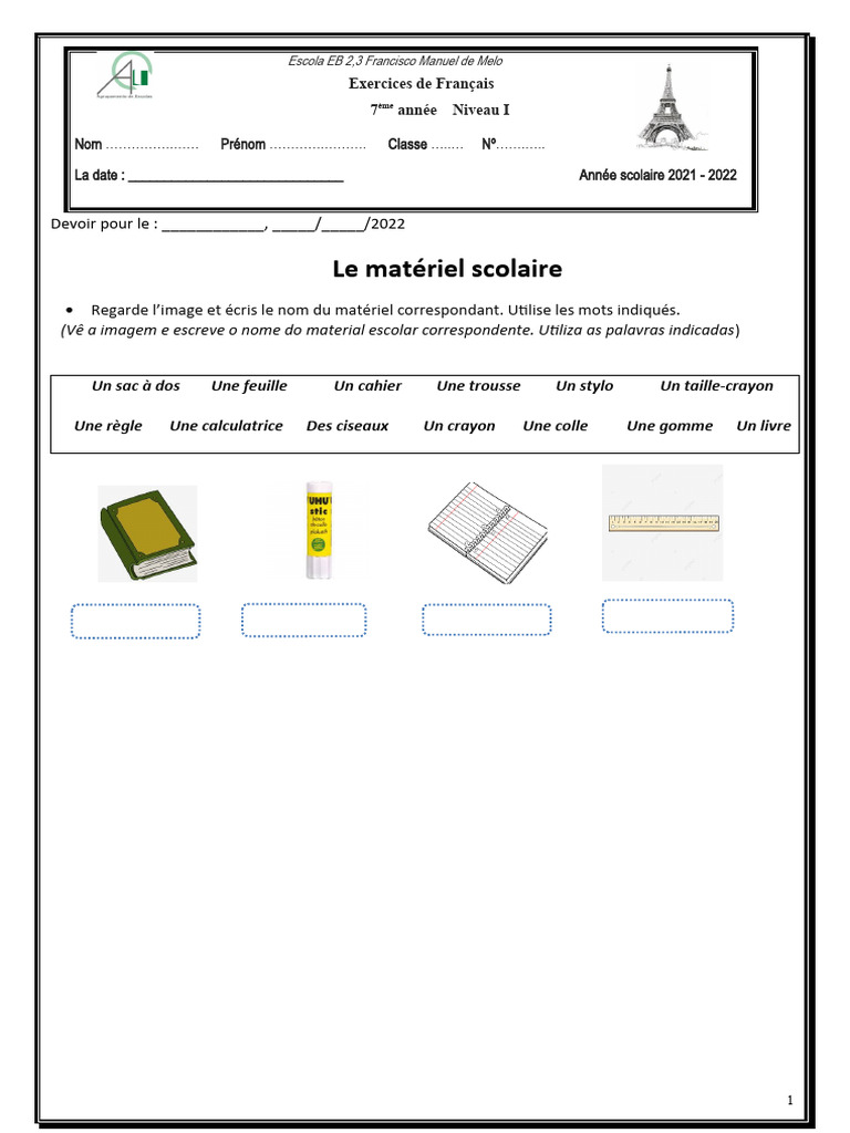 Exercices sur le matériel scolaire | PDF
