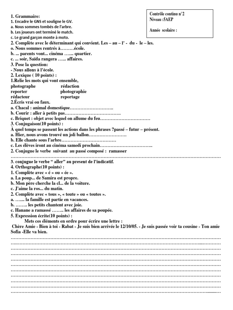 Grammaire et Écriture 5ème Primaire | PDF