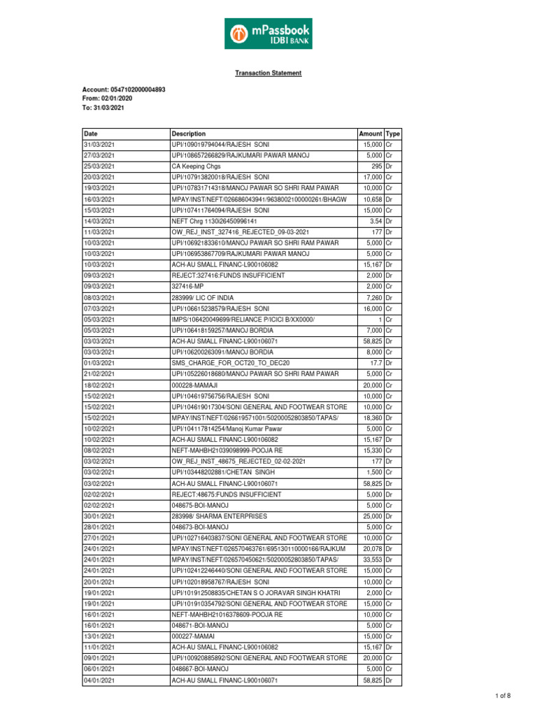 893 Idbi Statement | PDF