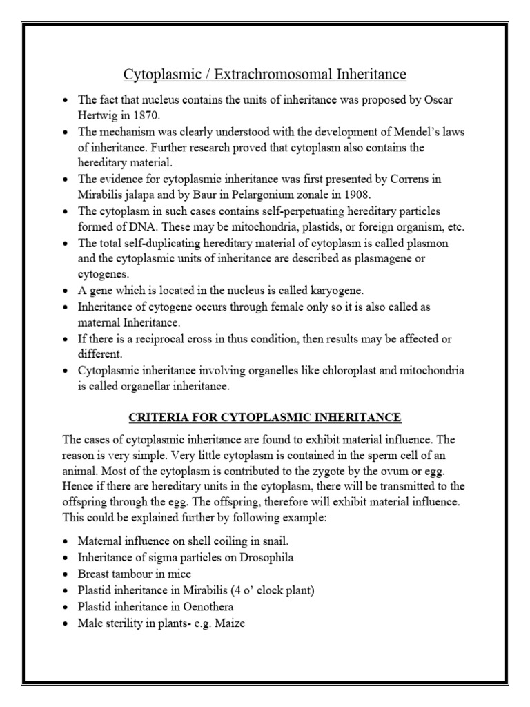 Cytoplasmic / Extrachromosomal Inheritance | PDF