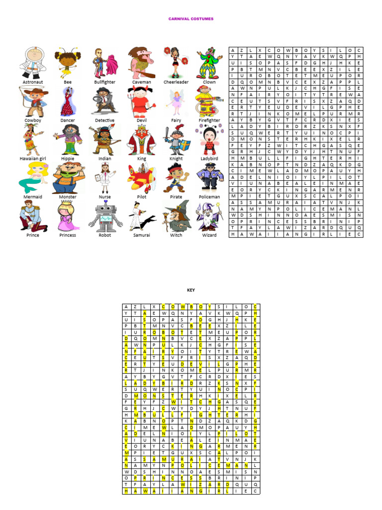 Carnival Costumes Wordsearch Puzzle Fun Activities Games Games Picture ...