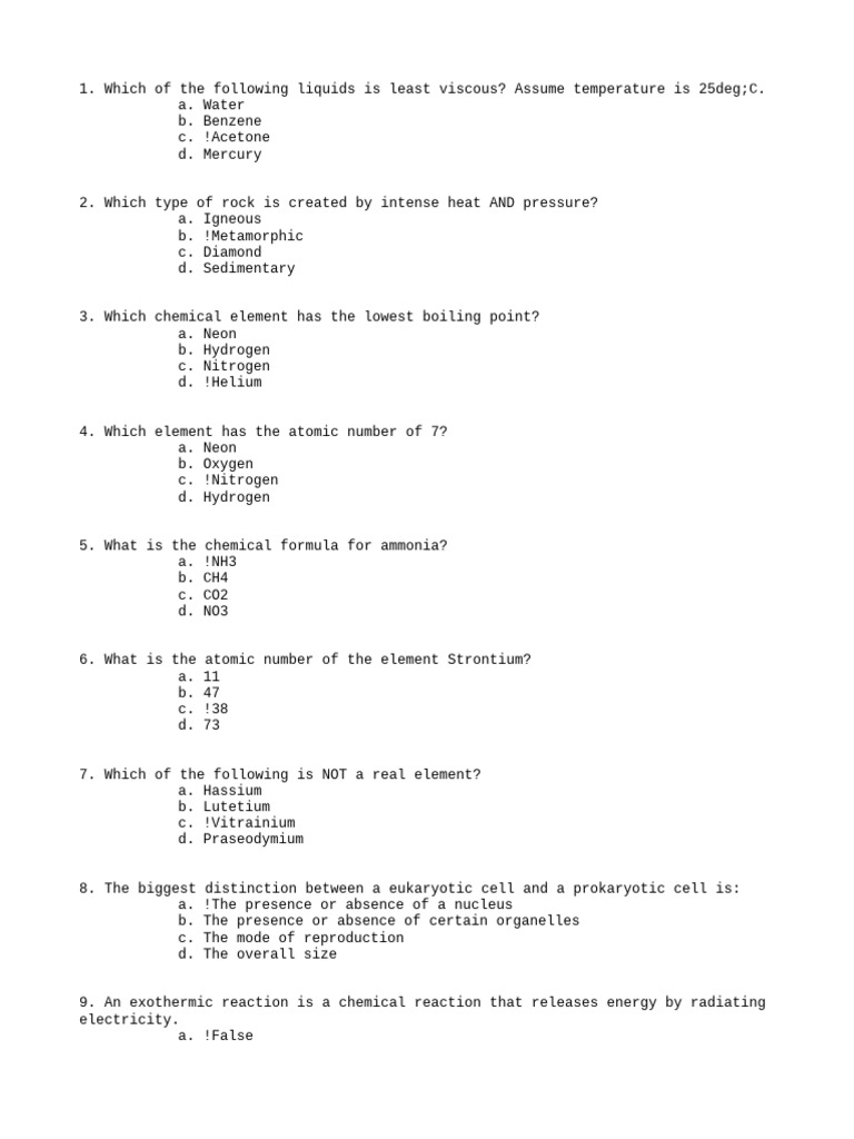 Science and Trivia Quiz | PDF | Chemical Elements | Chemical Substances