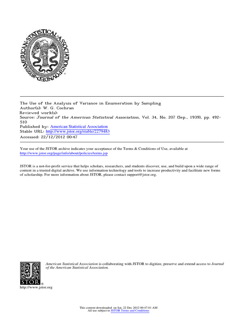 Cochran 1939 The Use of The Analysis of Variance in Enumeration by ...