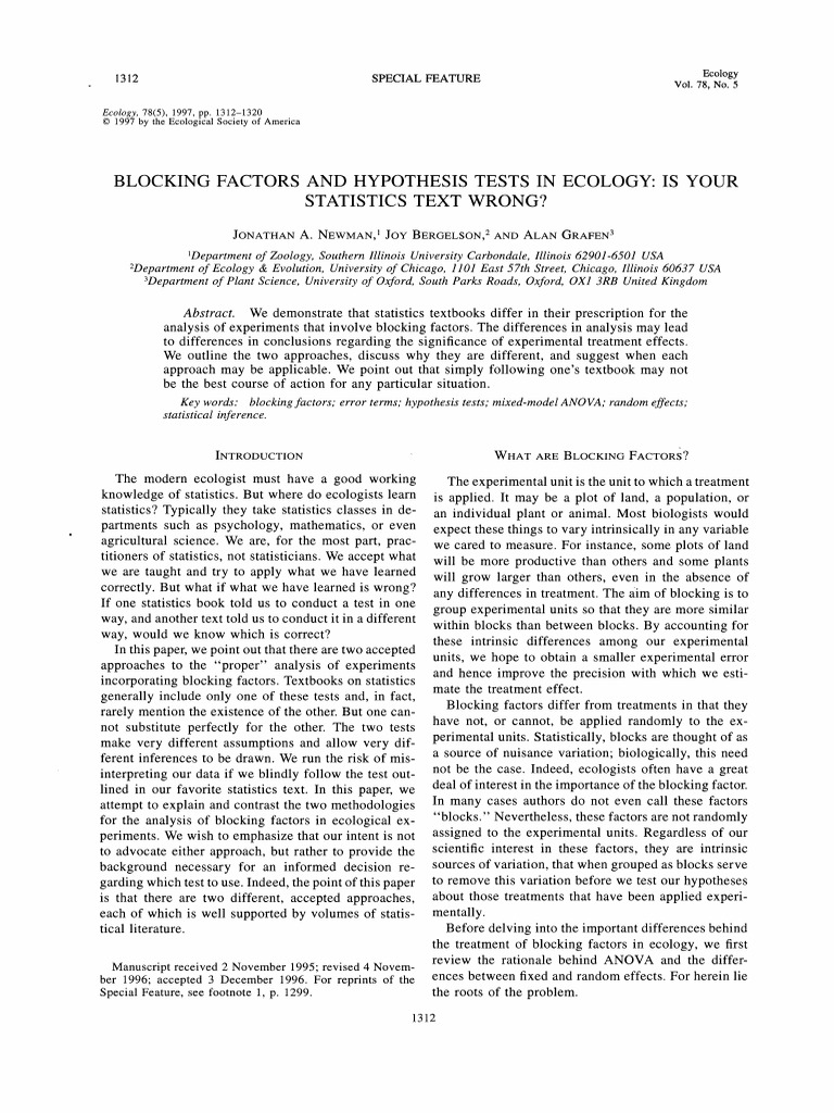 Newman Et Al 1997 Blocking Factors and Hypothesis Tests in Ecology Is ...