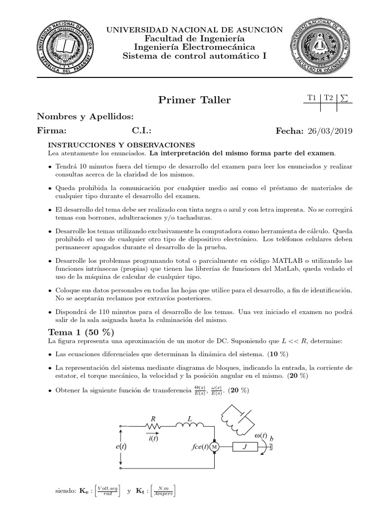 Primer Taller: Facultad de Ingenier Ia Ingenier Ia Electromec Anica Sistema de Control Autom ...
