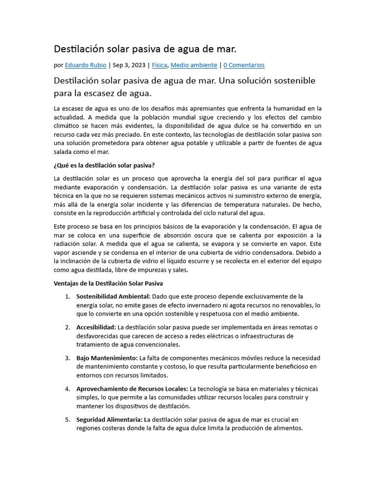 Destilación Solar Pasiva de Agua de Mar | PDF | Ciencia y matemáticas
