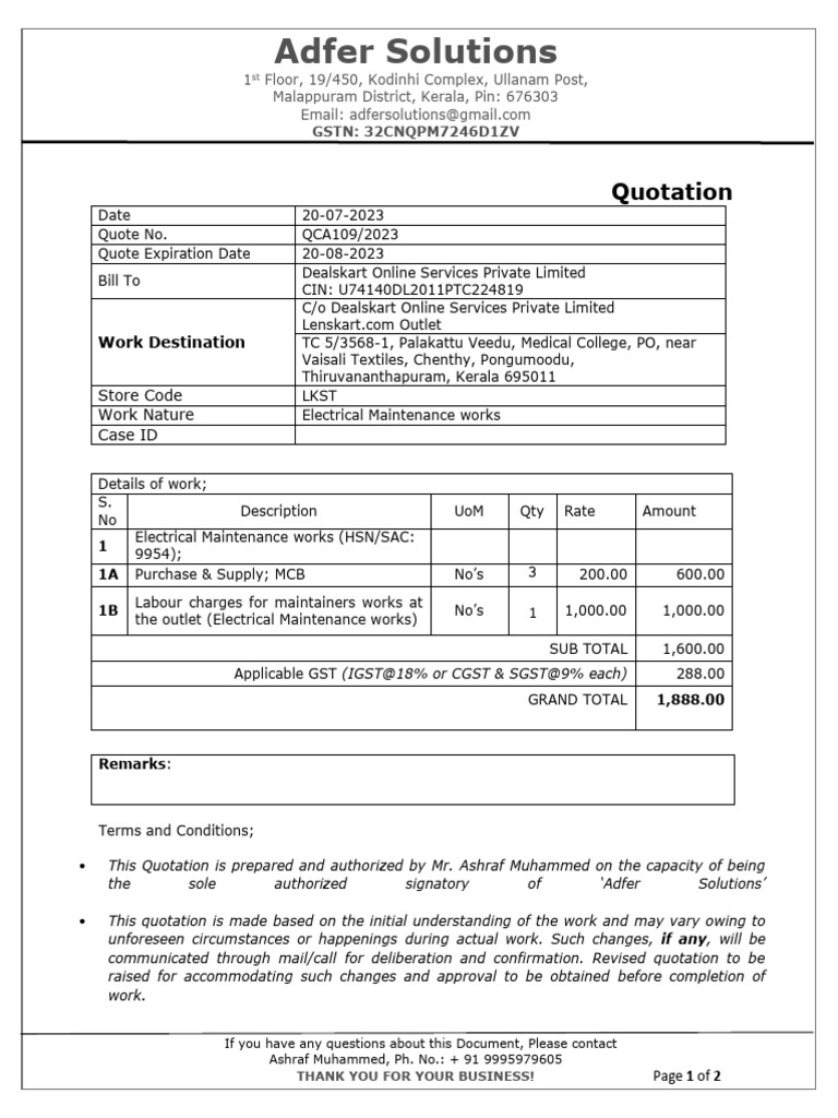 Electrical Maintenance Quotation 2023 | PDF
